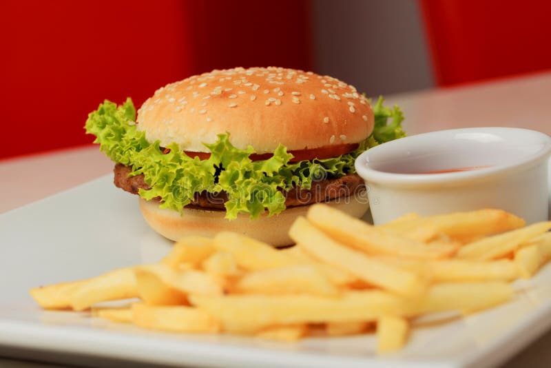 Classic Burger with French Fries on the Table Stock Photo - Image of ...