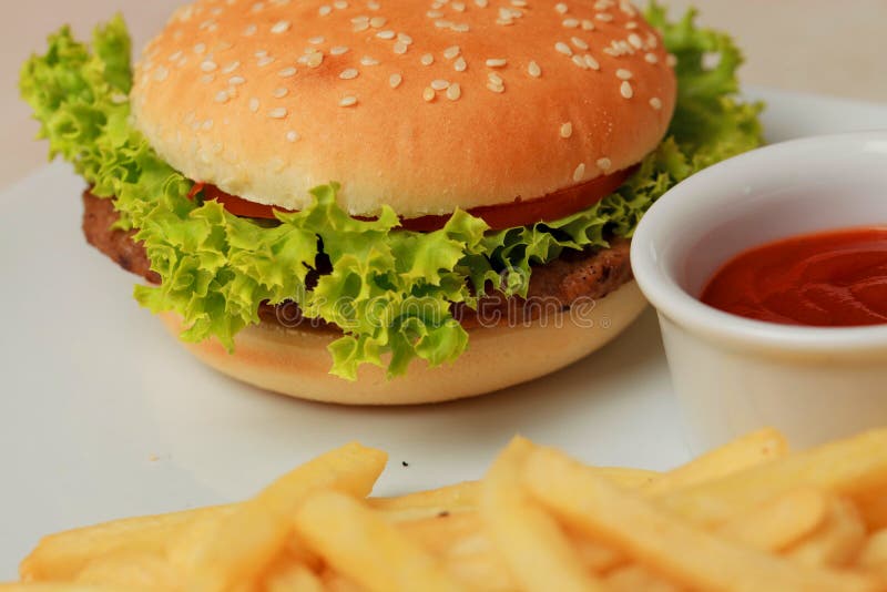 Classic Burger with French Fries on the Table Stock Photo - Image of ...