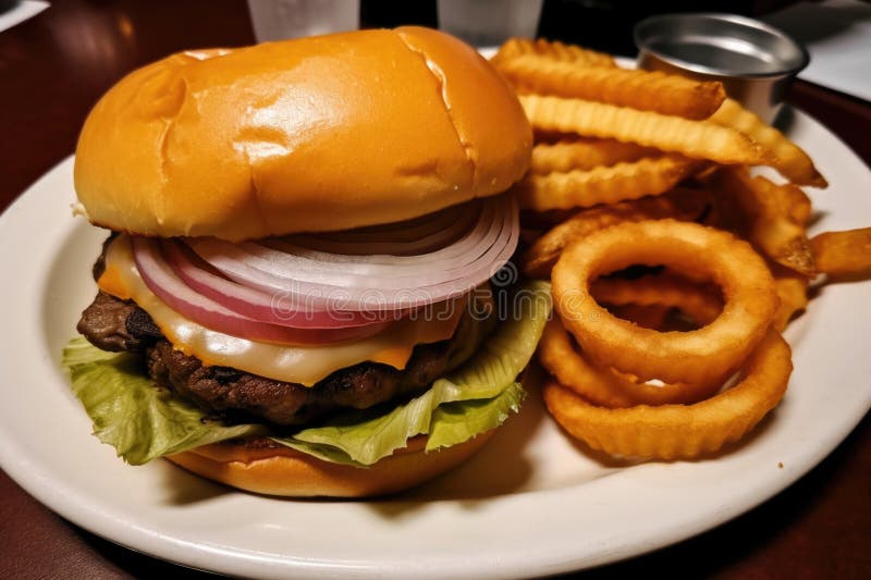 Classic Burger and Fries, with an Additional Order of Onion Rings on ...