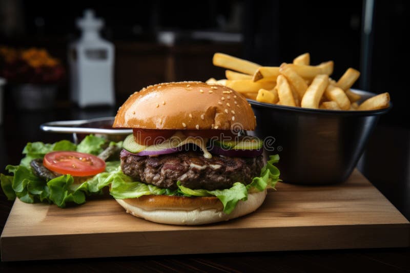 Classic Burger and Fries Combo, with the Addition of Fresh Salad on the ...