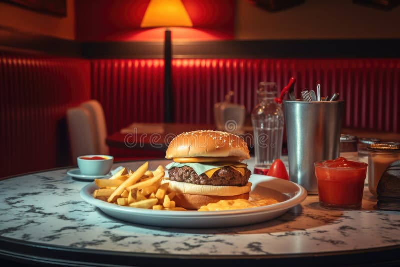 Classic Burger and Fries on Retro Diner Table Setting, with Vintage ...