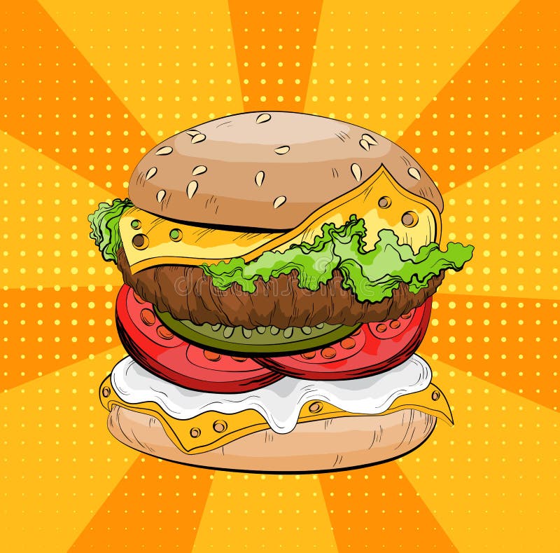 Classic Burger on a Pop Art Background. Colorful Big Sandwich Stock ... Classic Burger on a Pop Art Background. Colorful Big Sandwich Stock ...