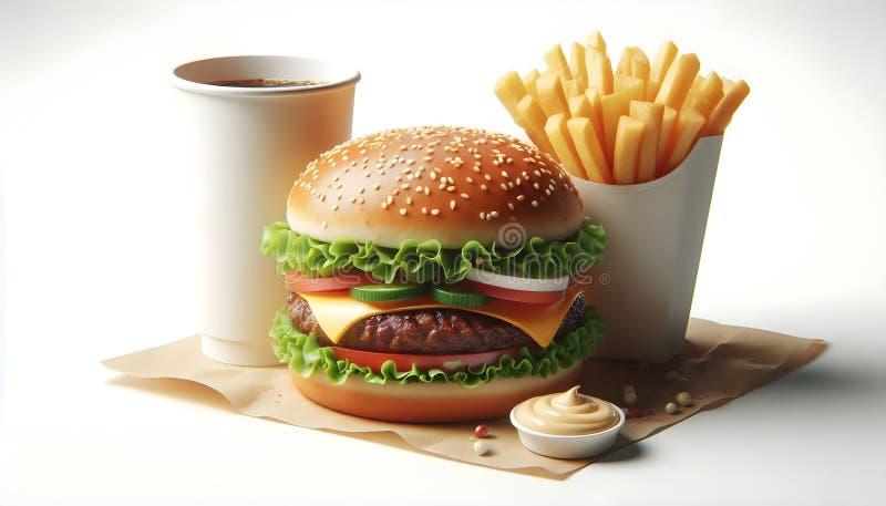 Classic Burger with a Side of Crispy Fries Displayed on a Clean White ...