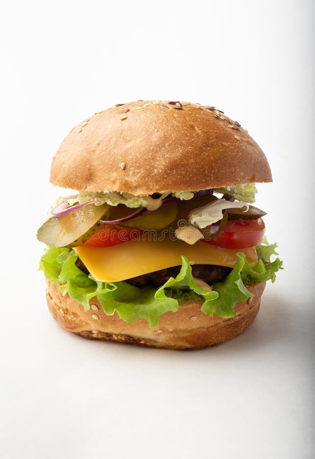 Burger on White Background, Hamburger with Beef and Cheese, Isolated ...