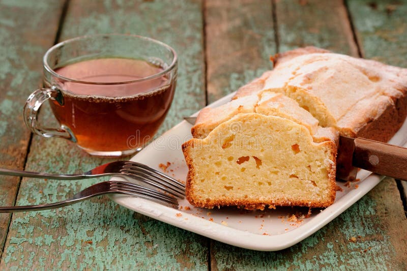 Classic Cake of Cup of Tea on Old Painted Planks Stock Image - Image of ...