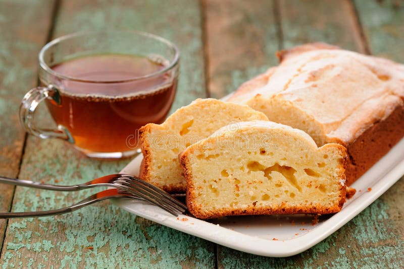 Classic Cake and Cup of Tea on Old Painted Planks Stock Photo - Image ...