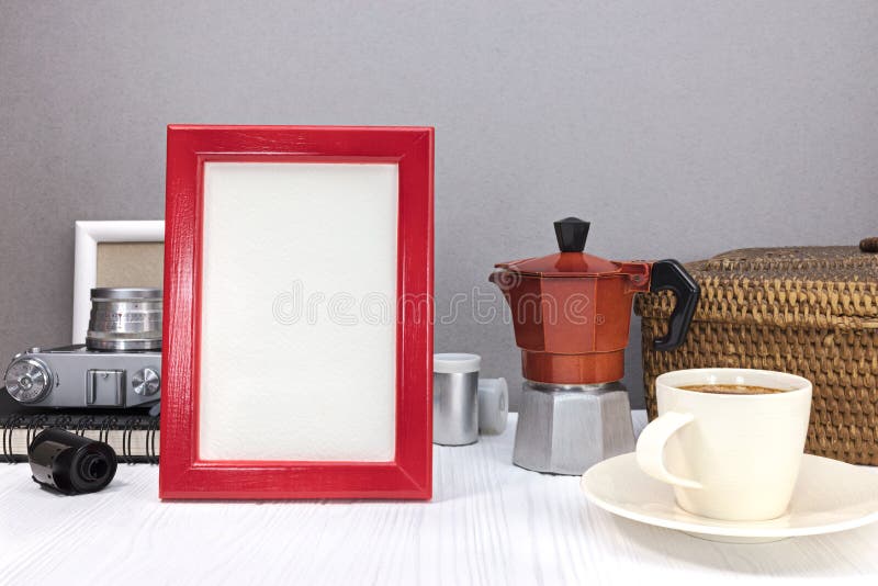 Empty Photo Frames, Red Coffee Pot with Cup of Coffee, Old Basket on ...