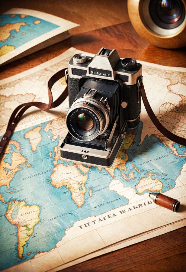 Classic Camera Placed on a Detailed Map Stock Illustration ...