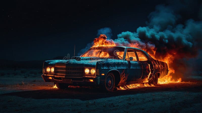 A Classic Car Burning in the Desert at Night Stock Image - Image of ...