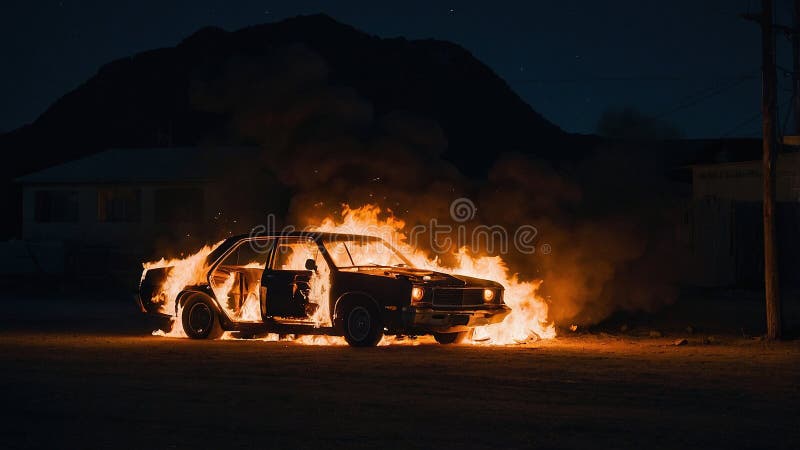 A Classic Car Burning in the Desert at Night Stock Image - Image of ...