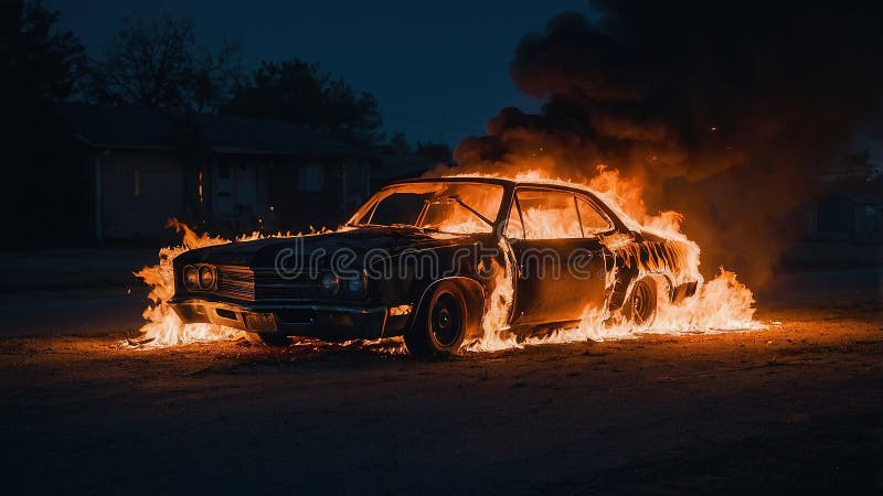 A Classic Car Burning in the Desert at Night Stock Image - Image of ...
