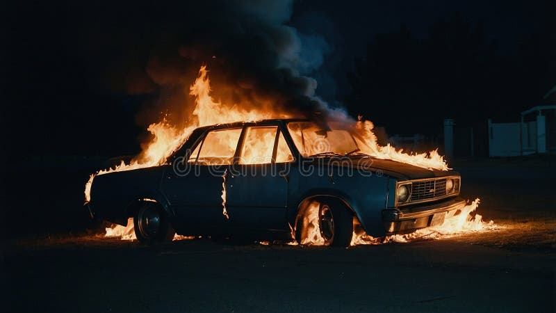 A Classic Car Burning in the Desert at Night Stock Photo - Image of ...