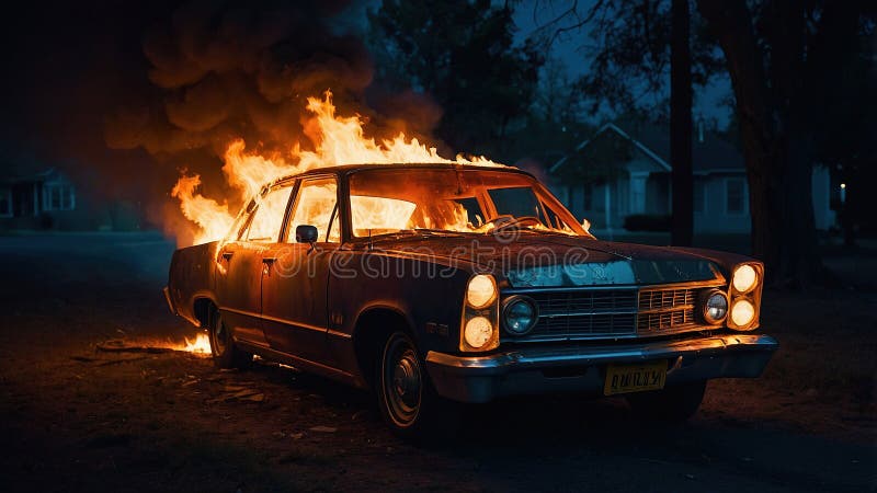A Classic Car Burning in the Desert at Night Stock Photo - Image of ...
