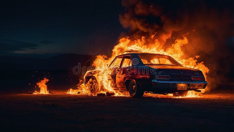 A Classic Car Burning in the Desert at Night Stock Image - Image of ...