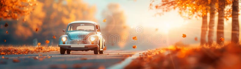 Classic Car Driving through Autumn Leaves Stock Illustration ...