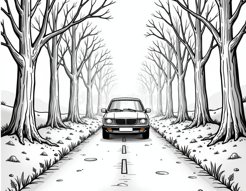 Classic Car Driving through a Bare Tree Lined Road - Black and White ...