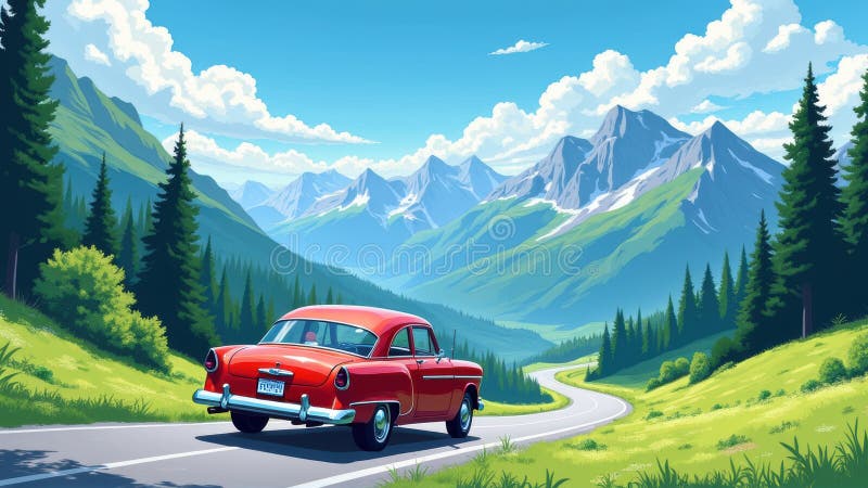 Classic Car Driving through Mountain Pass Stock Illustration ...