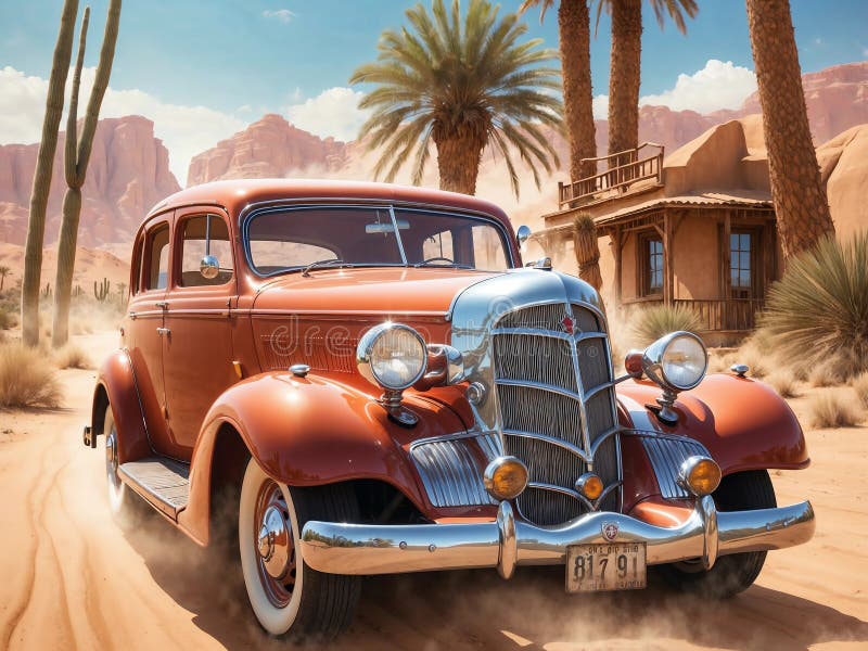 Classic Car on Dusty Desert Road Stock Illustration - Illustration of ...