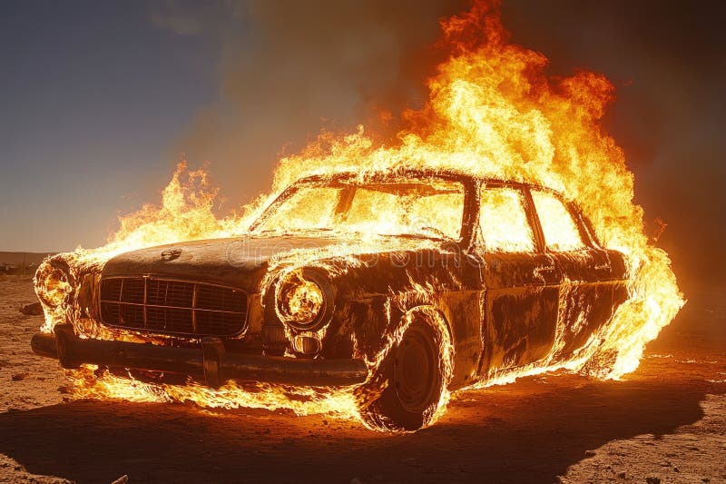 Burning Classic Car in Fiery Inferno, Dramatic Desert Scene Stock Photo ...