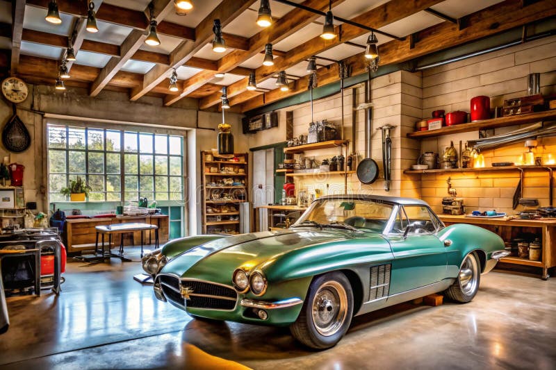 Classic Car in a Garage Workshop. Generative AI Stock Illustration ...