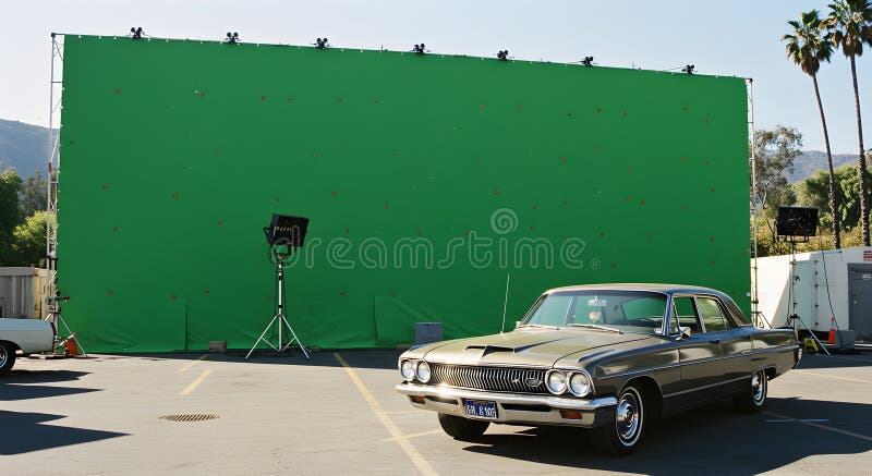 Classic Car on a Movie Set with a Large Green Screen for Special ...