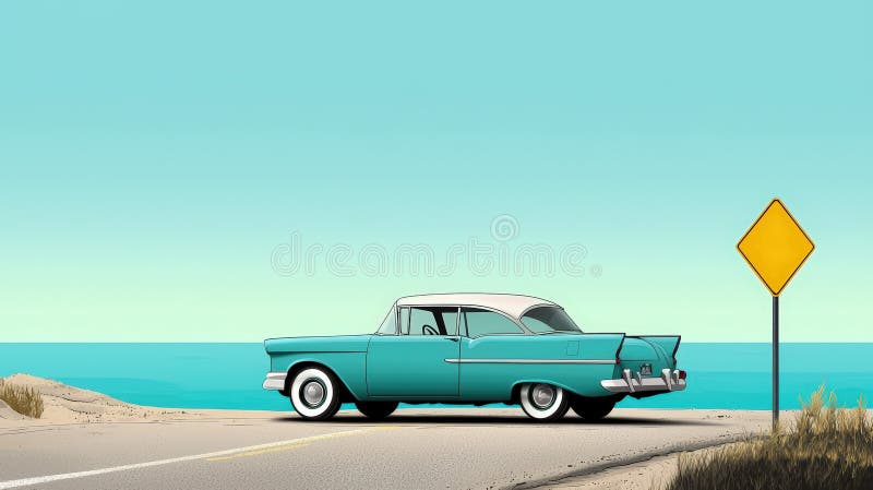 Classic Car by the Ocean with Road Sign Stock Illustration ...