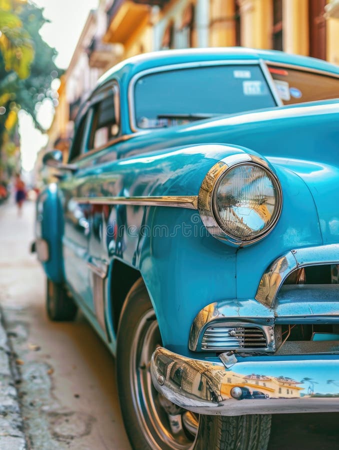 Classic Car Parked on the Side of a Street, Blue in Color Stock Image ...