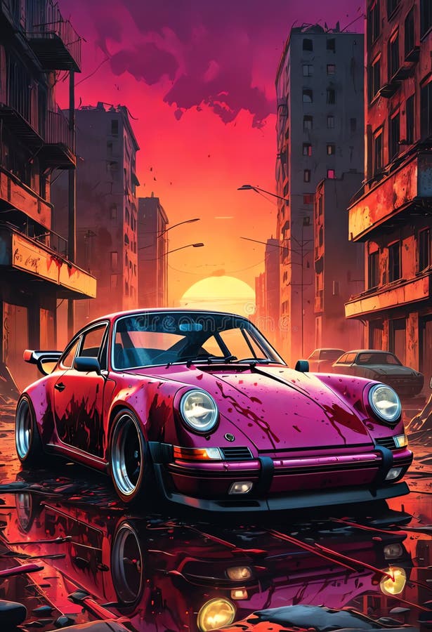 Classic Car Poster with Apocalypse Style and Sunset Background Stock ...