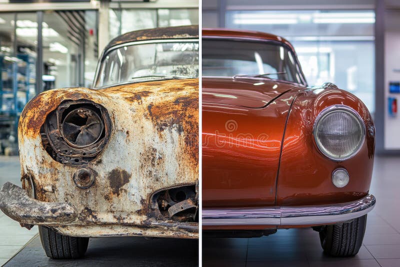 Classic Car Restoration Transformation Showing Rusty Worn Side and ...
