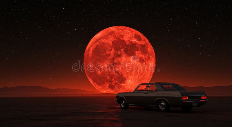 Classic Car Silhouette Against Dramatic Red Moon in Desert Night Sky ...