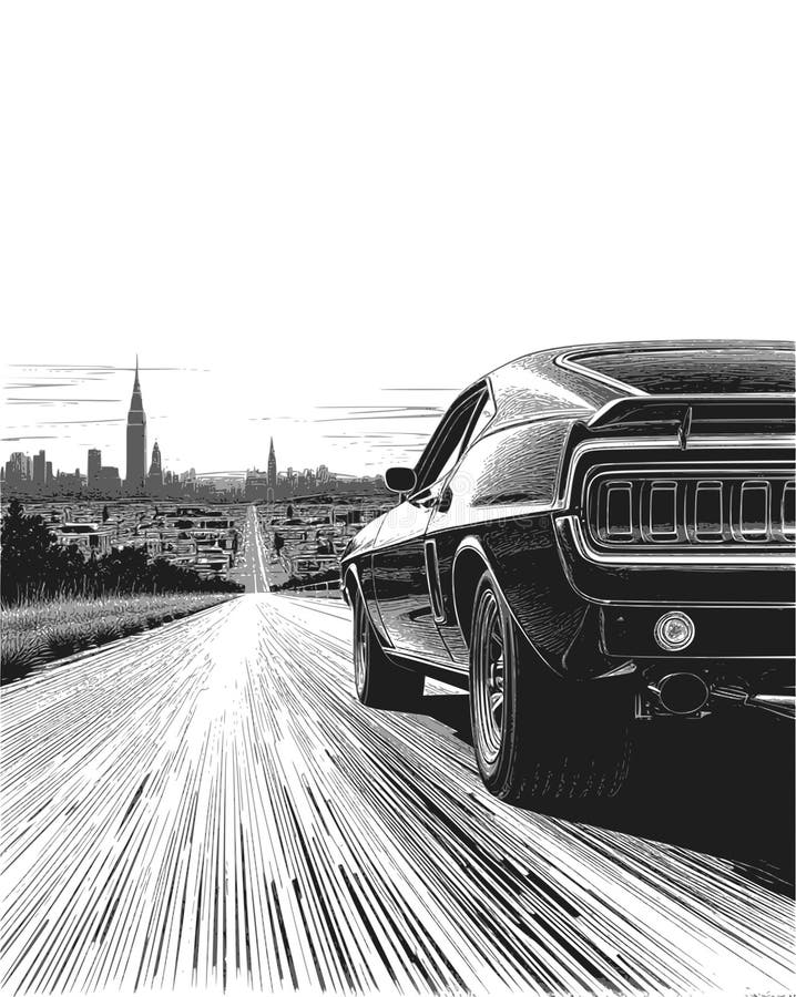 Classic Car Speeding on Highway with City in Background. Stock Vector ...
