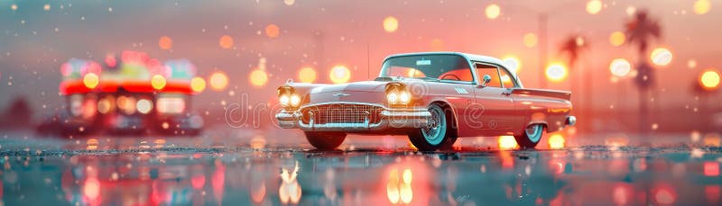 Classic Car at Sunset with Neon Lights Stock Illustration ...