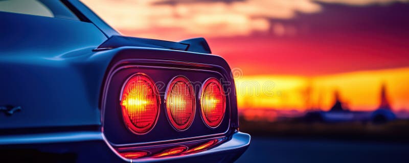 Classic Car Tail Lights Illuminated Against Vibrant Sunset Sky Stock ...