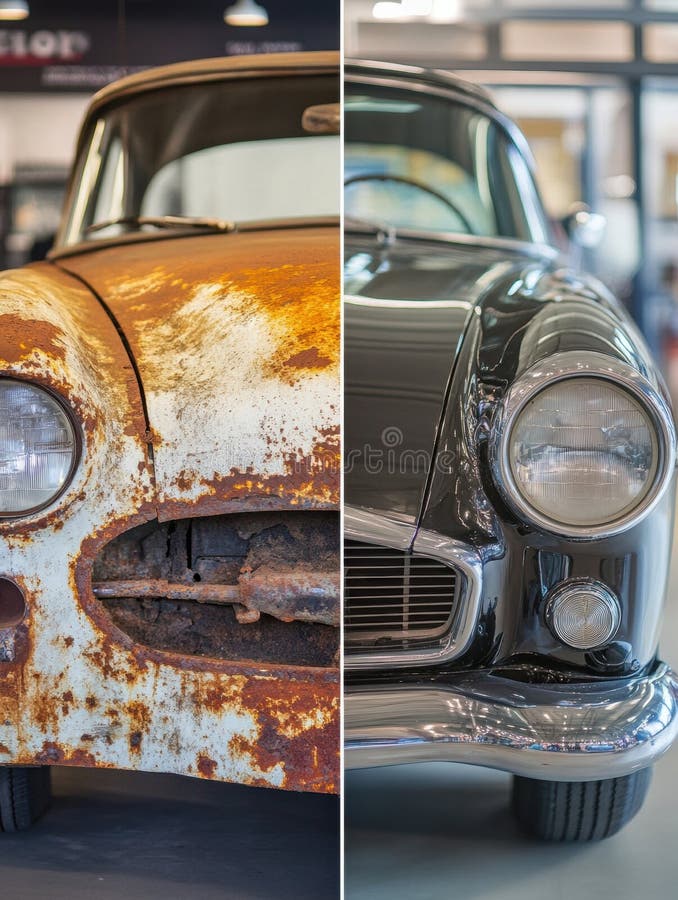 Classic Car Transformation Showcasing before and after Restoration with ...