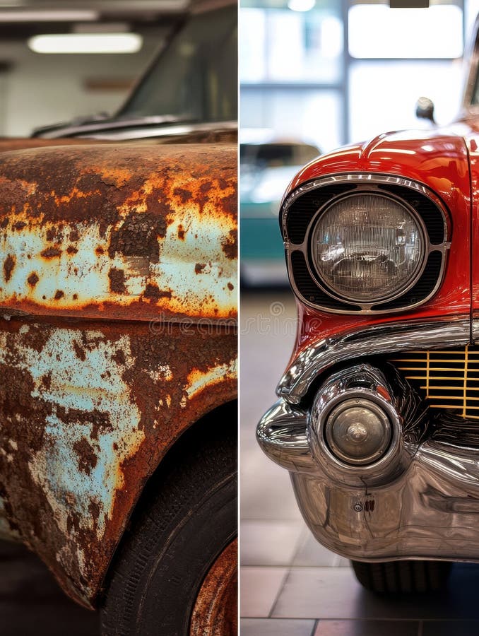 Classic Car Transformation Showcasing Rusted Side Next To Restored ...