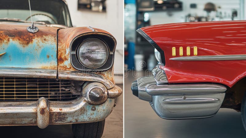 Classic Car Transformation Showcasing Rusty Exterior on the Left and ...