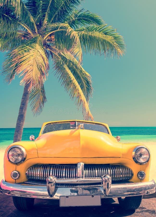 Classic Car on a Tropical Beach with Palm Tree, Vintage Style Stock ...