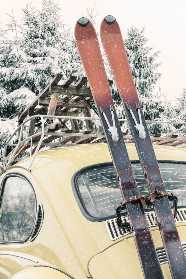 Classic Car with Vintage Ski`s and Sled during Snowfall Stock Photo ...