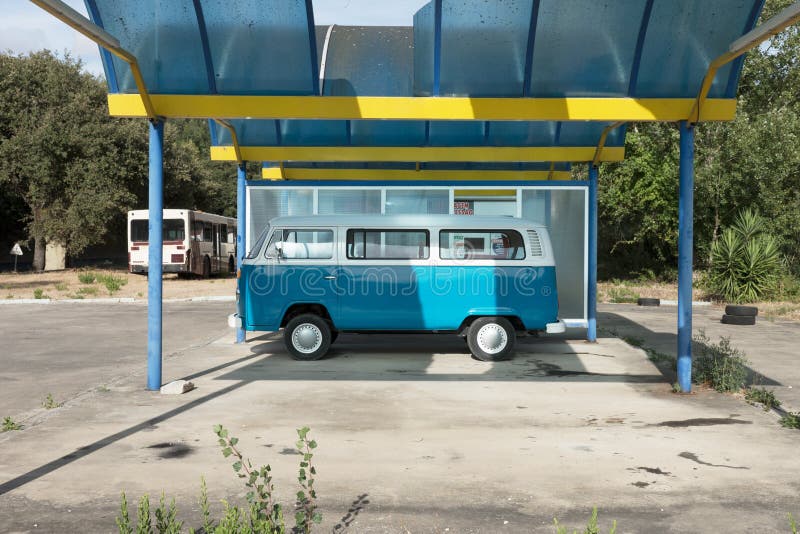 Classic Caravan. German Old Blue Transporter Stock Image - Image of ...