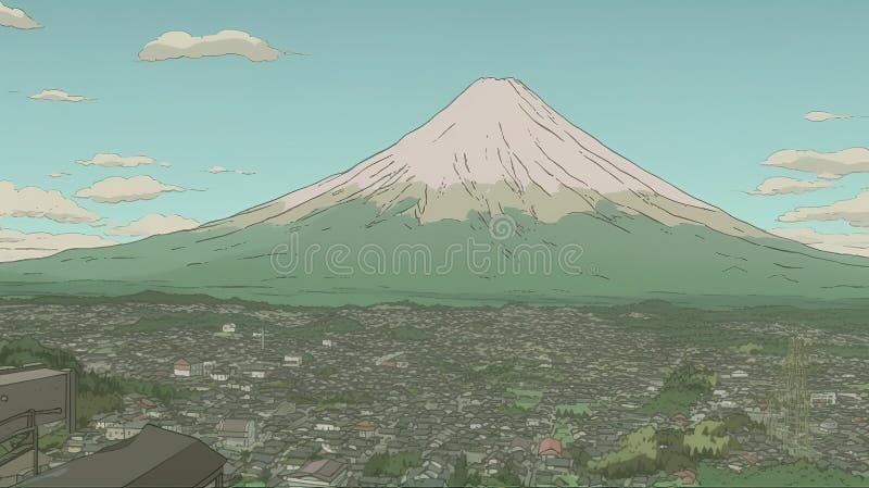 A Classic Cartoon Artwork of the Mountain Fuji with a City in Front, Ai ...