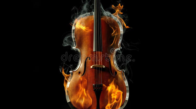 Classic Cello Burning in Flames and Smoke on Black Background Stock ...