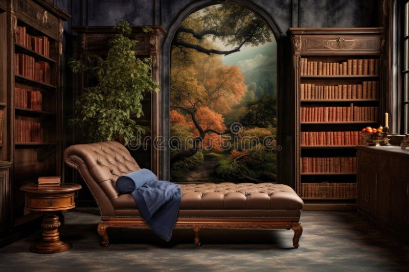 A Classic Chaise Lounge Set Against a Library Backdrop Stock Image ...