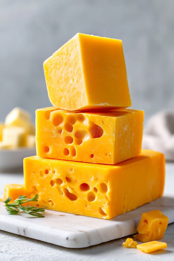 Classic Cheddar Cheese Cubes Arranged Aesthetically on a Clear White ...