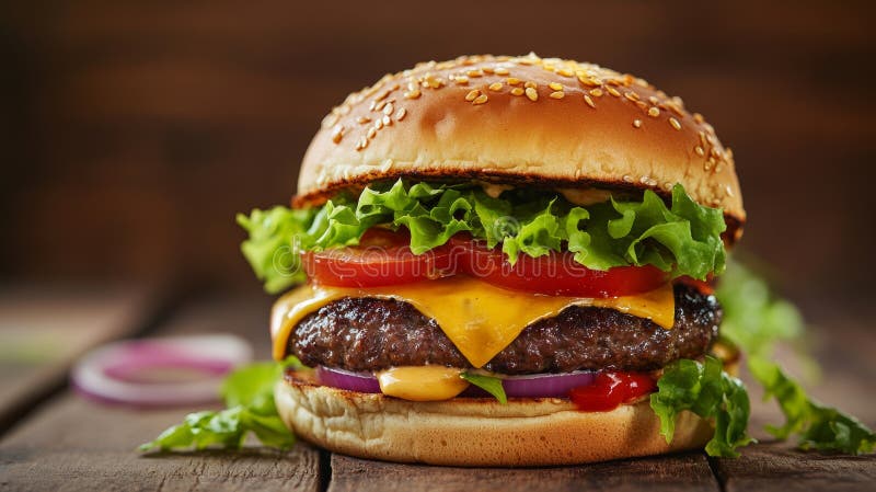 Classic Cheeseburger with Fresh Toppings on Wooden Table Stock Photo ...