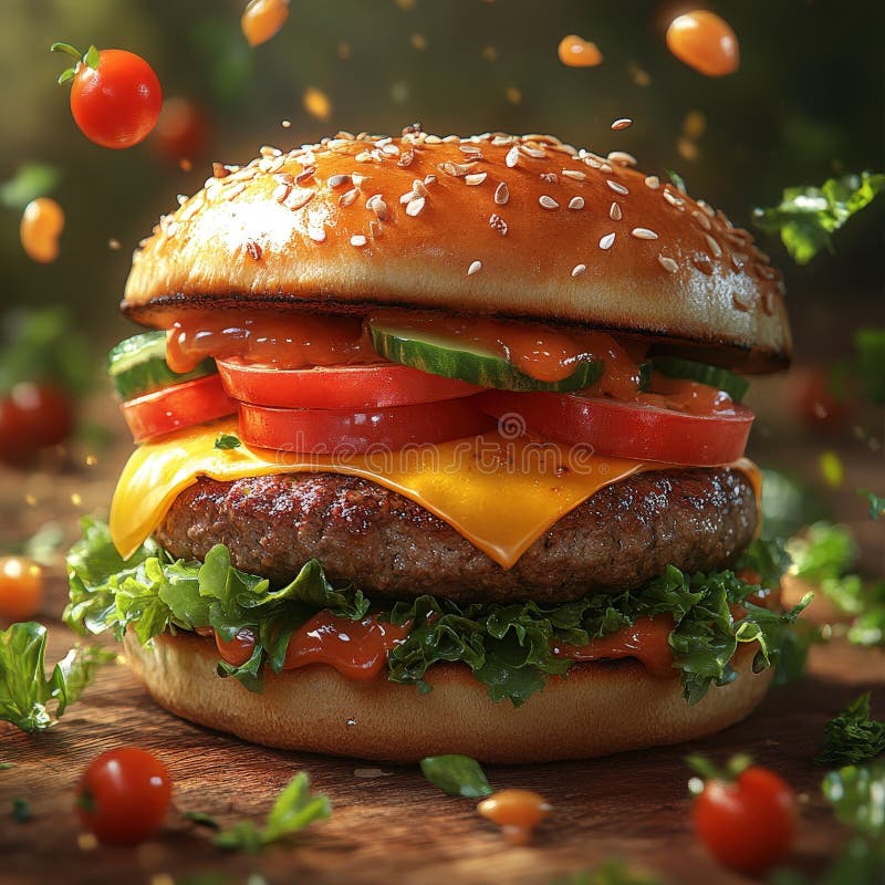 Classic Cheeseburger with Fresh Vegetables and Melted Cheese Stock ...