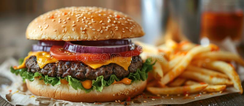 Classic Cheeseburger and Fries on Table Stock Photo - Image of lettuce ...