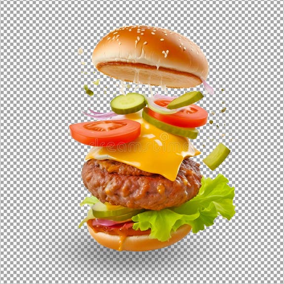 A Classic Cheeseburger with Ingredients Exploding Outwards Stock Photo ...