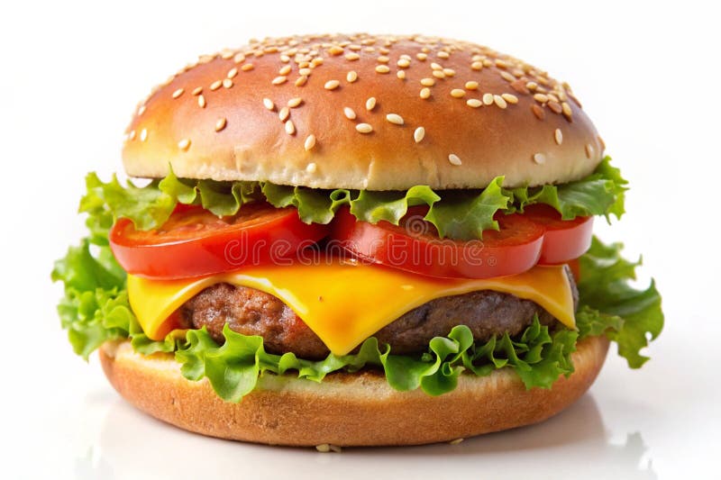 Classic Cheeseburger with Lettuce and Tomato on a White Background ...