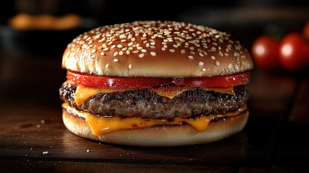 Classic Cheeseburger with Tomato and Sesame Bun Stock Illustration ...