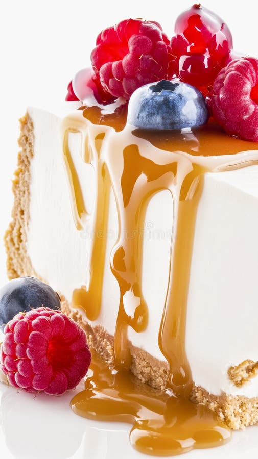Classic Cheesecake Slice with Berries and Caramel Drizzle for Dessert ...